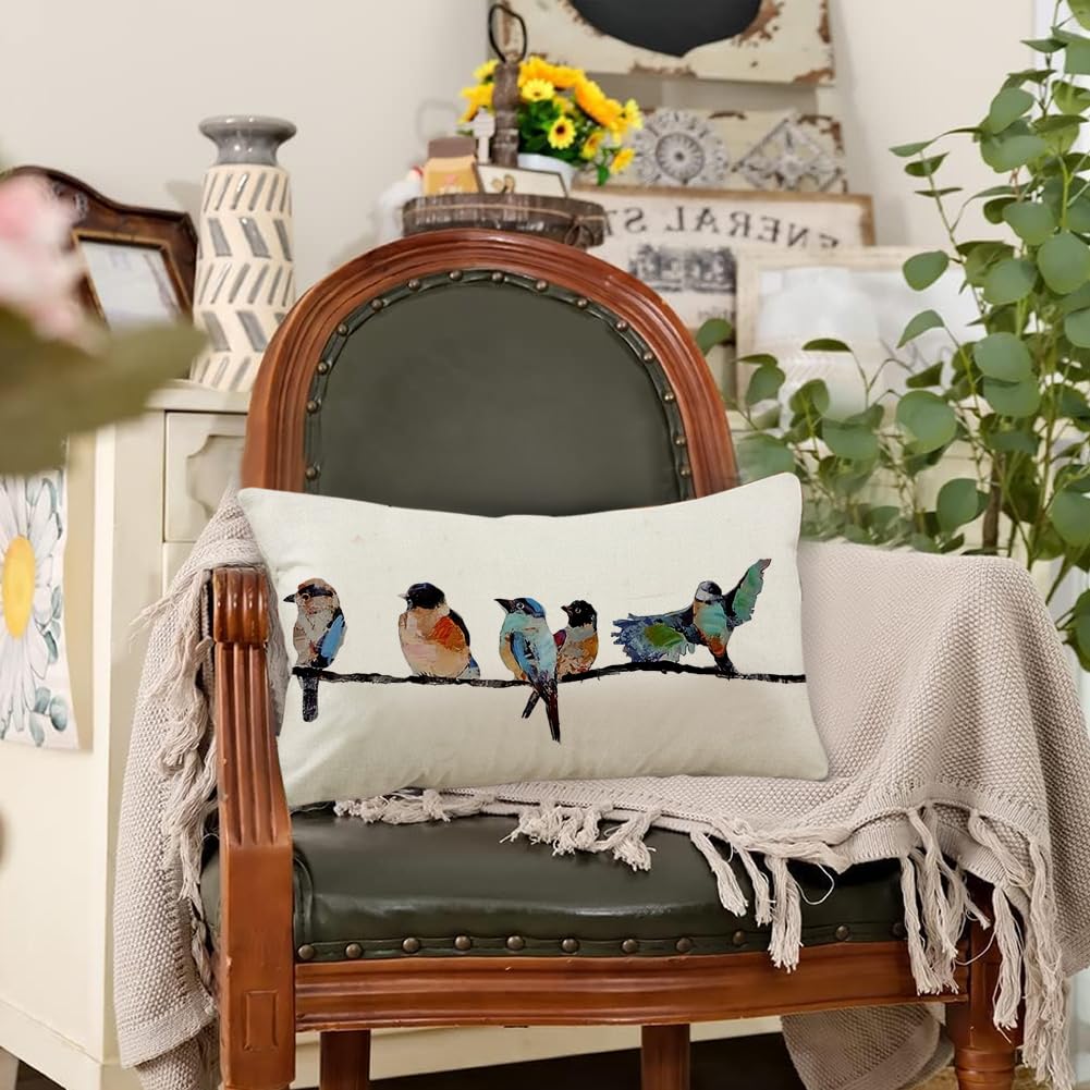 RABUSOFA 12x20 Lumbar Pillow Decorative Throw Pillows,Small Hand-Painted Outdoor Birds Pillowcases,Spring Summer Pillows Decorative Throw Cushion Covers Linen for Couch Sofa Teal Blue