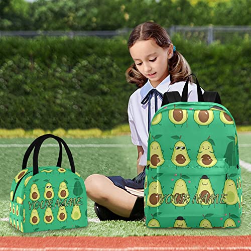 MCHIVER Cute Avocados Personalized School Backpack with Lunch Box Custom Backpack for Boys Girls Casual Bookbags Set for Travel Work Camping