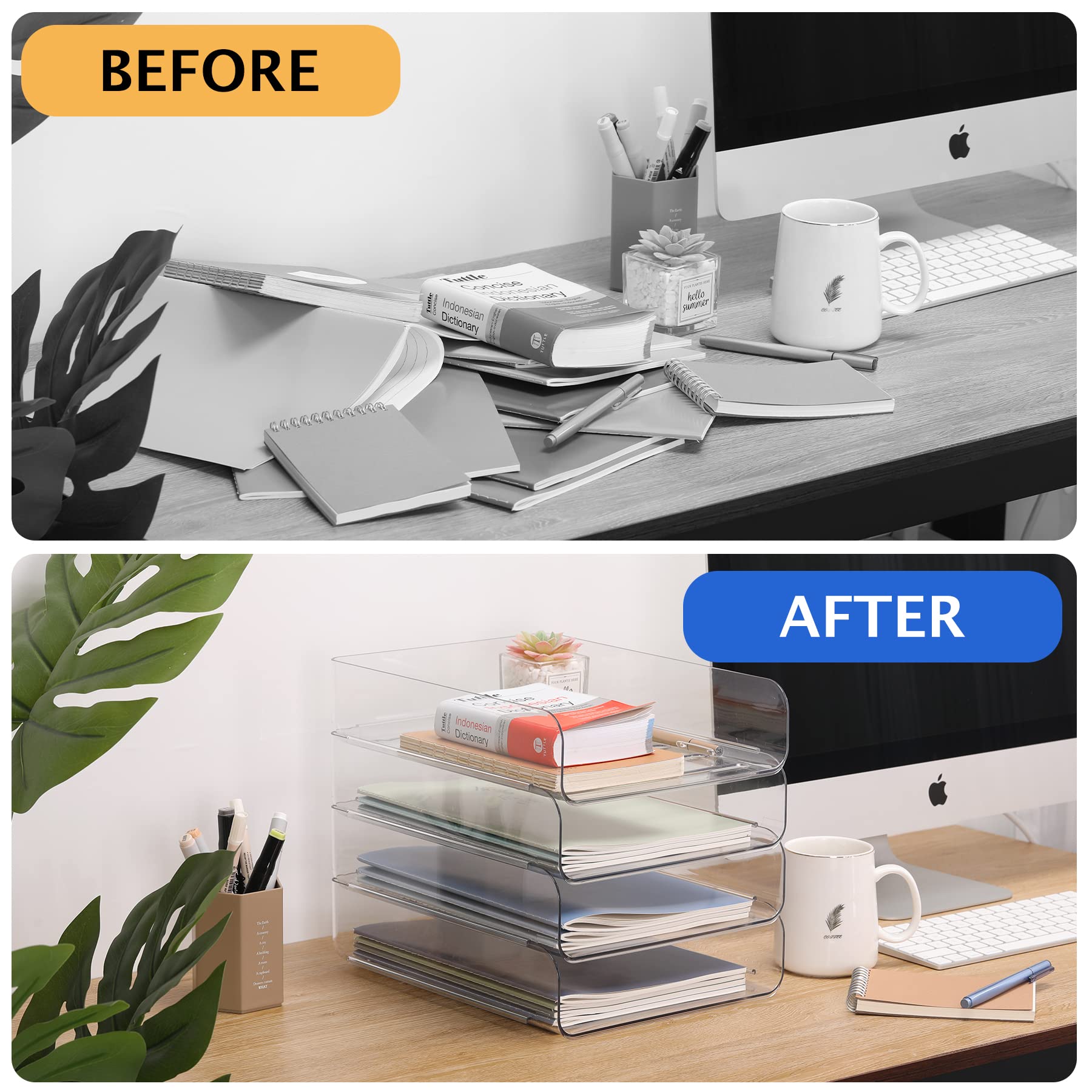 CiWiVOKi Set of 4 Office Organization and Storage, Clear PET Letter Tray Desk Organizer, Stackable Paper Tray Organizer for Desk Accessories, Notes, Pens, File Paper, Document