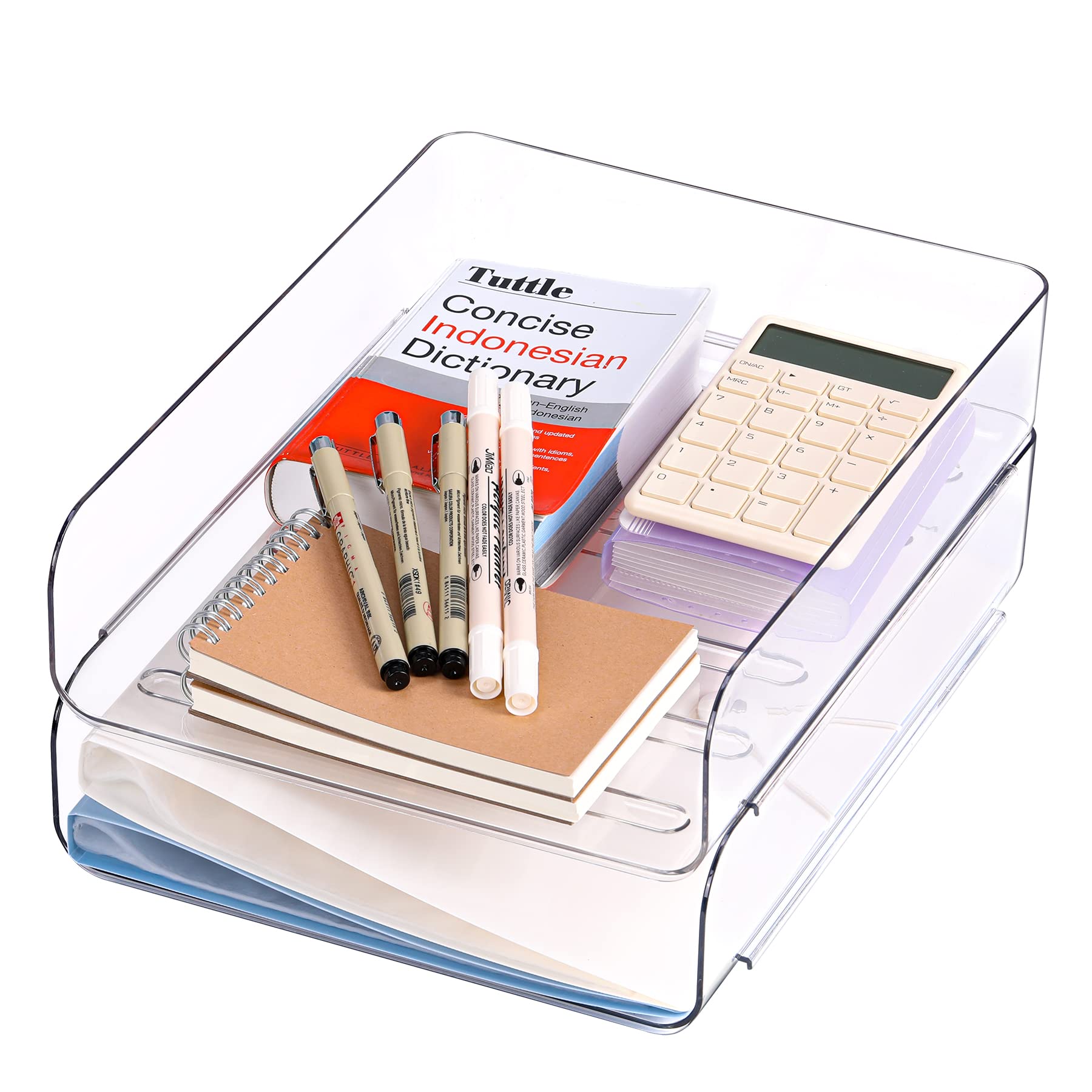 CiWiVOKi Set of 4 Office Organization and Storage, Clear PET Letter Tray Desk Organizer, Stackable Paper Tray Organizer for Desk Accessories, Notes, Pens, File Paper, Document