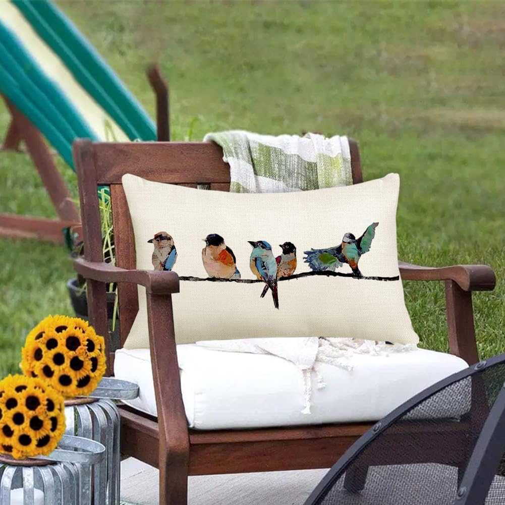 RABUSOFA 12x20 Lumbar Pillow Decorative Throw Pillows,Small Hand-Painted Outdoor Birds Pillowcases,Spring Summer Pillows Decorative Throw Cushion Covers Linen for Couch Sofa Teal Blue