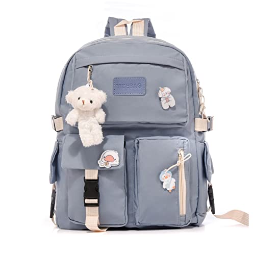 Kawaii Kids Backpacks for Girls with Cute Bear Accessories, Teen Laptop Backpack for Back to School Supplies Student Bookbag(Blue)