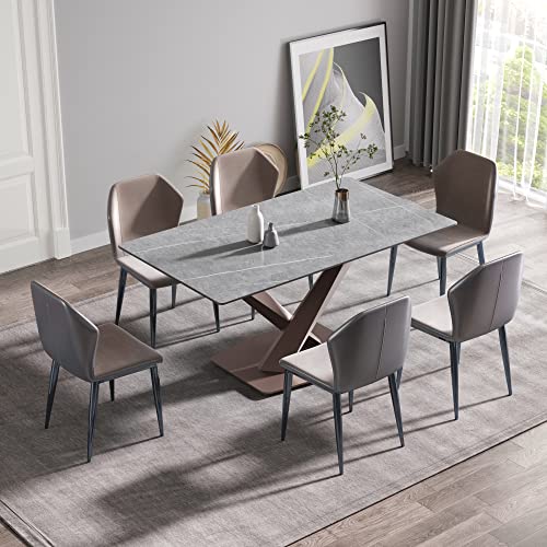 Voohek Dining Table for 6 Persons, with Artificial Marble Stone Tabletop and Metal Legs, for Modern Kitchen Living Room, Home and Office, Gray