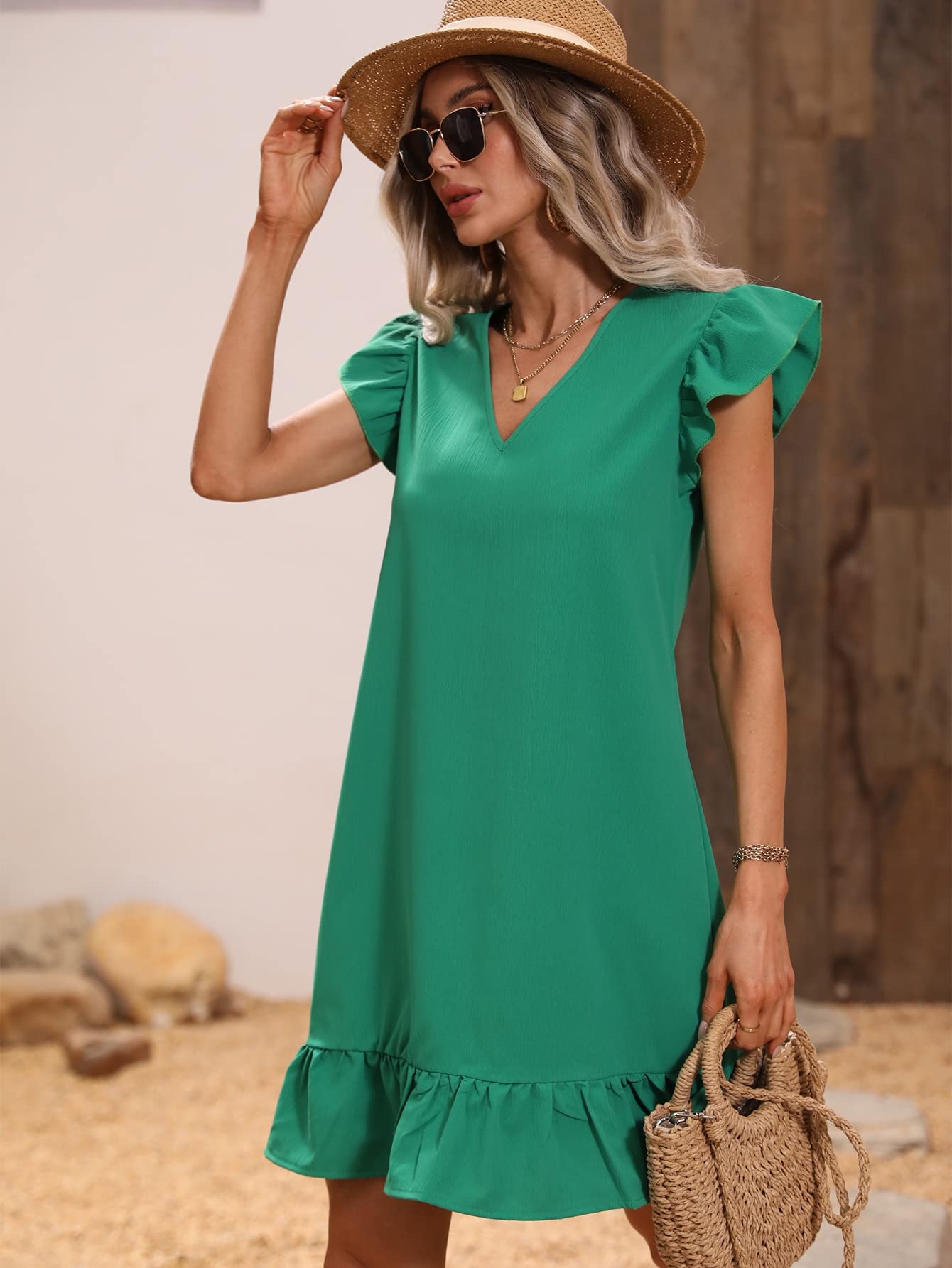 SOLY HUX Summer Dresses for Women V Neck Cap Sleeve Ruffle Hem Smock Short Dress Solid Green M