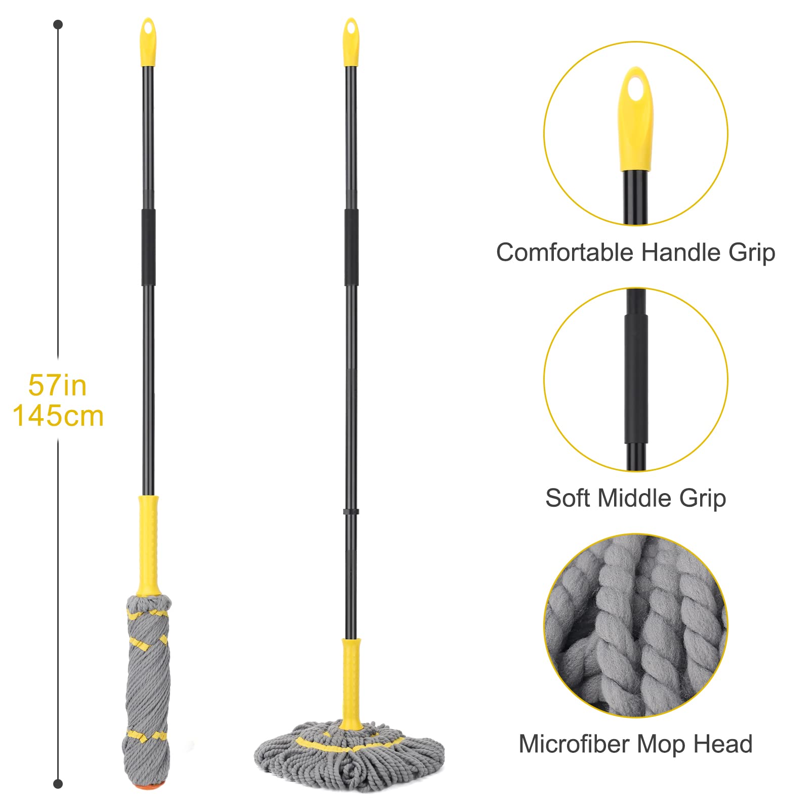Self Wringing Twist Mop, Wet Mop for Floor Cleaning with 57 " Long Handle, Heavy Duty Floor Mop for Hardwood Vinyl Tile Marble Laminate Home Office Kitchen, Gray
