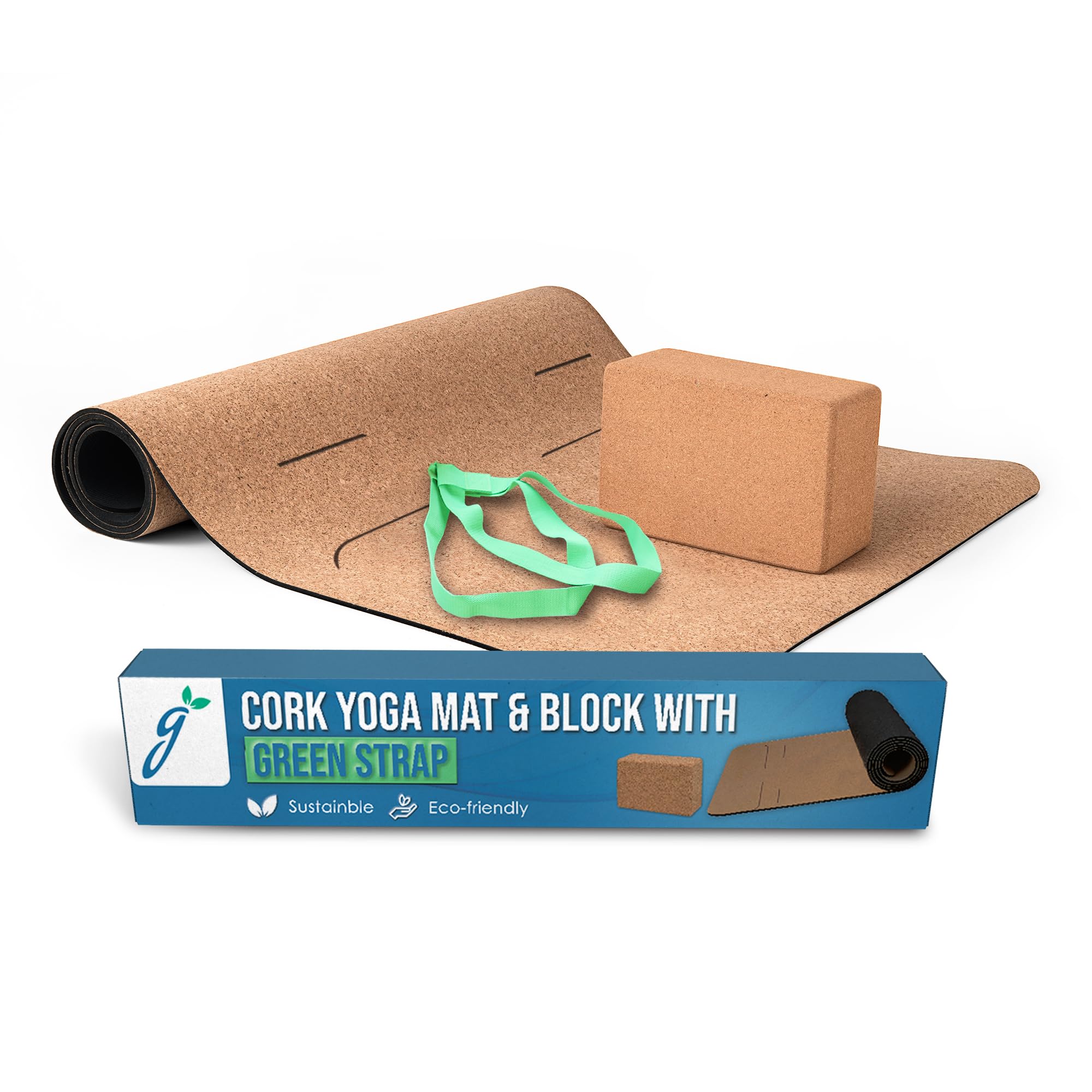 Greenway World - Cork Yoga Mat and Block with Green Strap, Non-Slip Hot Yoga Mat Set, Thick Travel Yoga Mat, Big Yoga Mat for Various Exercises, 72 x 24 inches x 3 mm