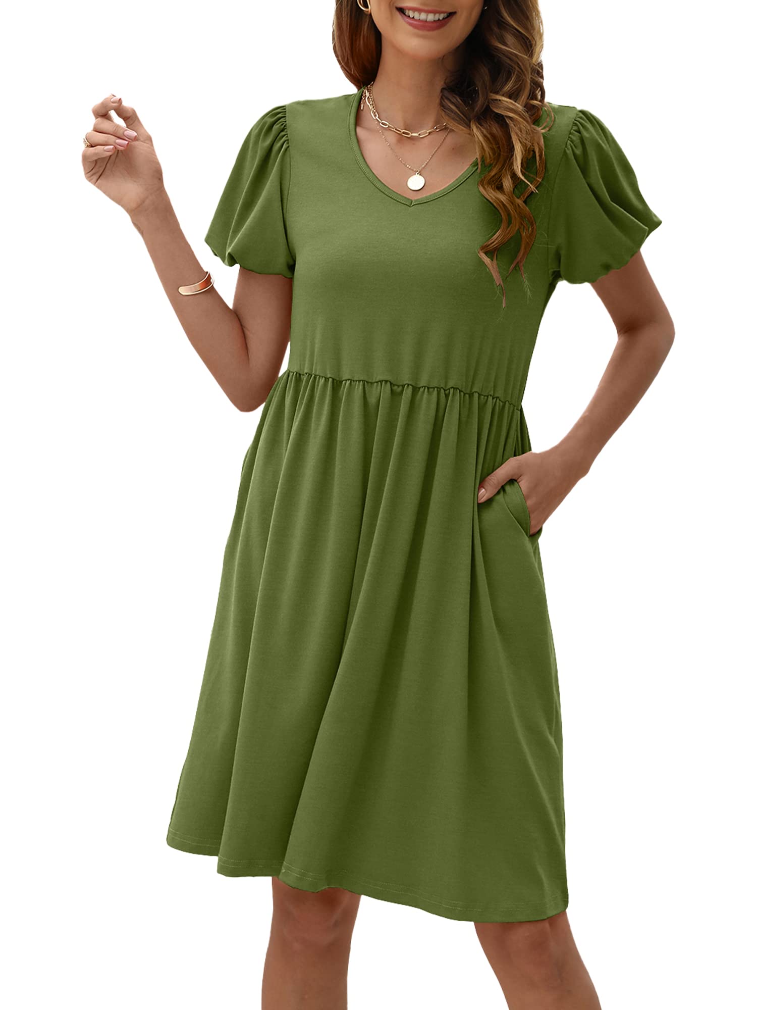 V Neck Womens Dresses Spring Casual Knee Length Summer Army Green Dress XL