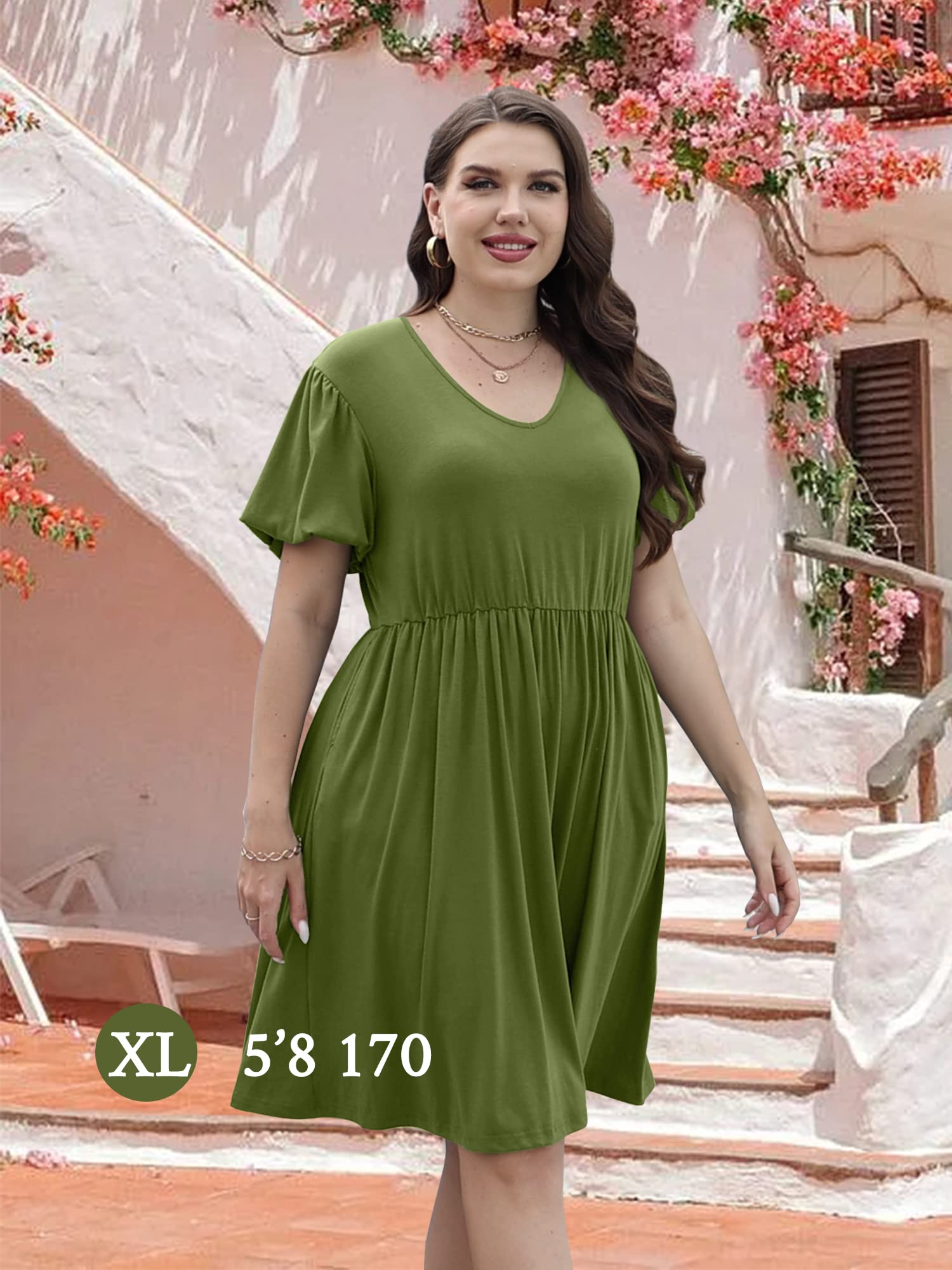 V Neck Womens Dresses Spring Casual Knee Length Summer Army Green Dress XL