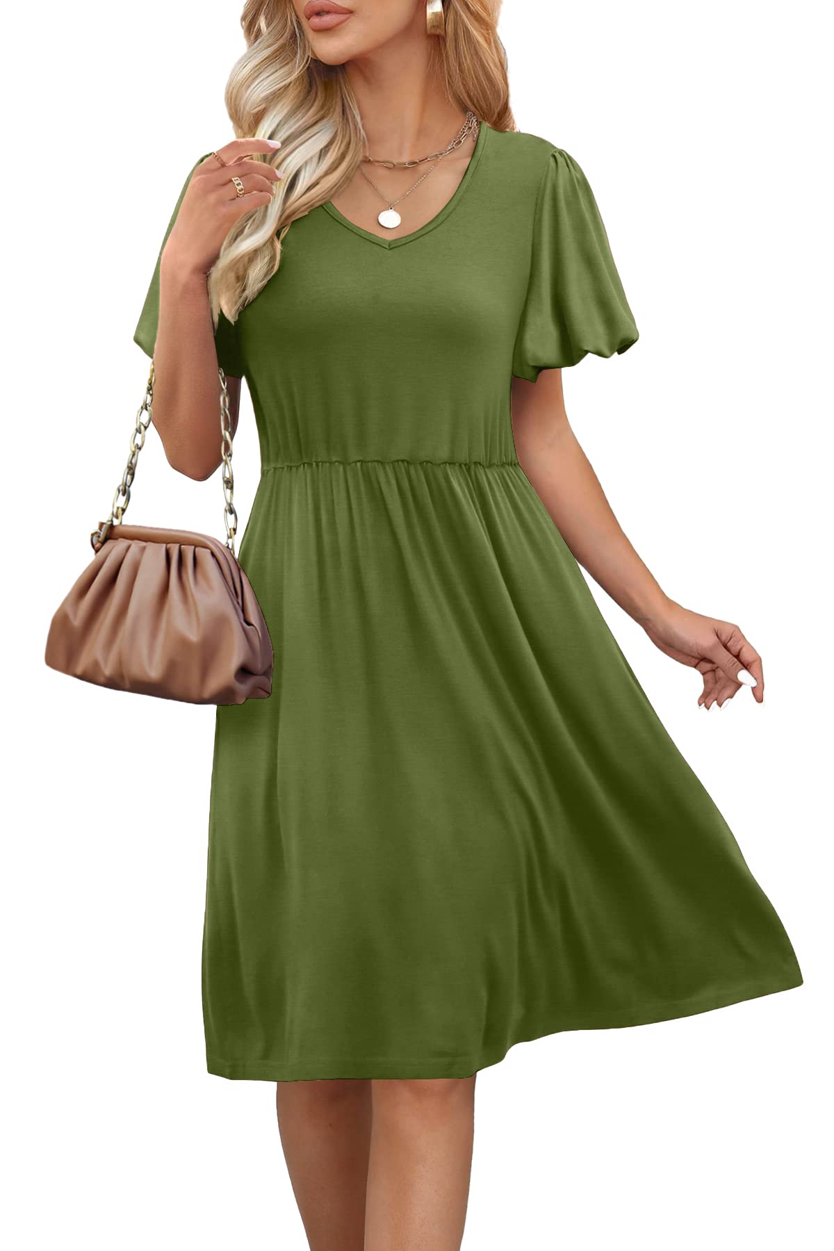 V Neck Womens Dresses Spring Casual Knee Length Summer Army Green Dress XL