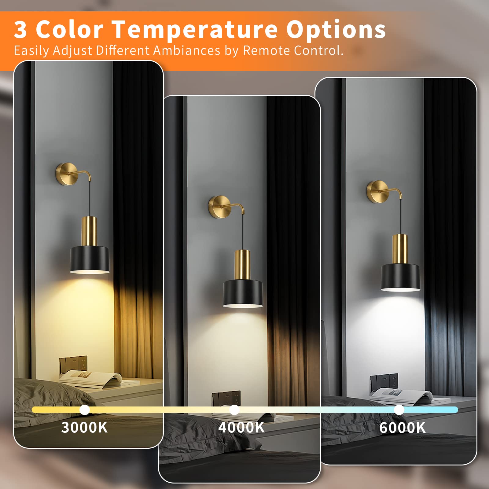 Set of 2 Battery Operated Wall Sconces, Wireless Wall Lights with Remote, Black & Gold Dimmable Wall Lamps with 3000K/4000K/6000K LED Bulbs, Modern Sconces Wall Decor for Bedroom Living Room Hallway