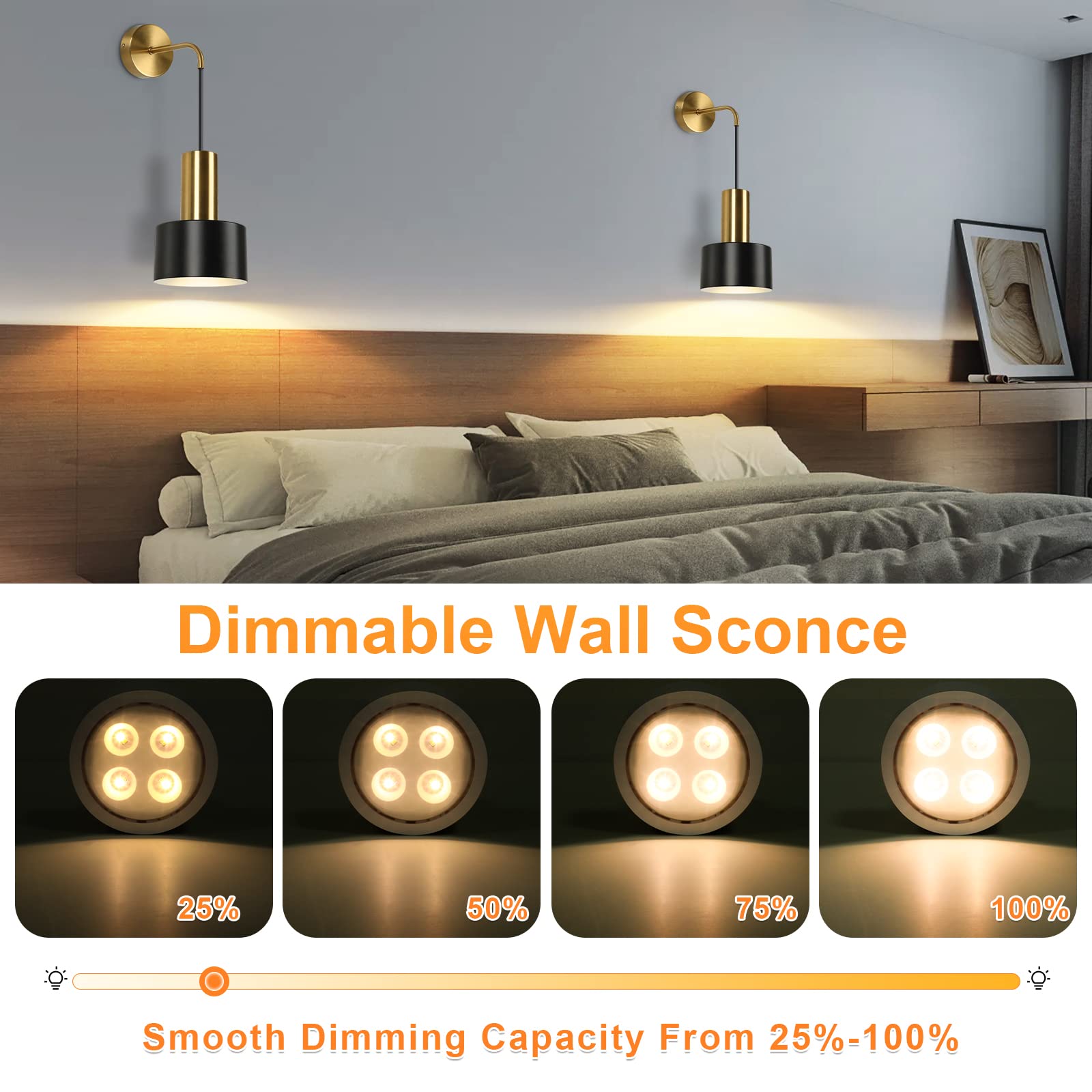 Set of 2 Battery Operated Wall Sconces, Wireless Wall Lights with Remote, Black & Gold Dimmable Wall Lamps with 3000K/4000K/6000K LED Bulbs, Modern Sconces Wall Decor for Bedroom Living Room Hallway