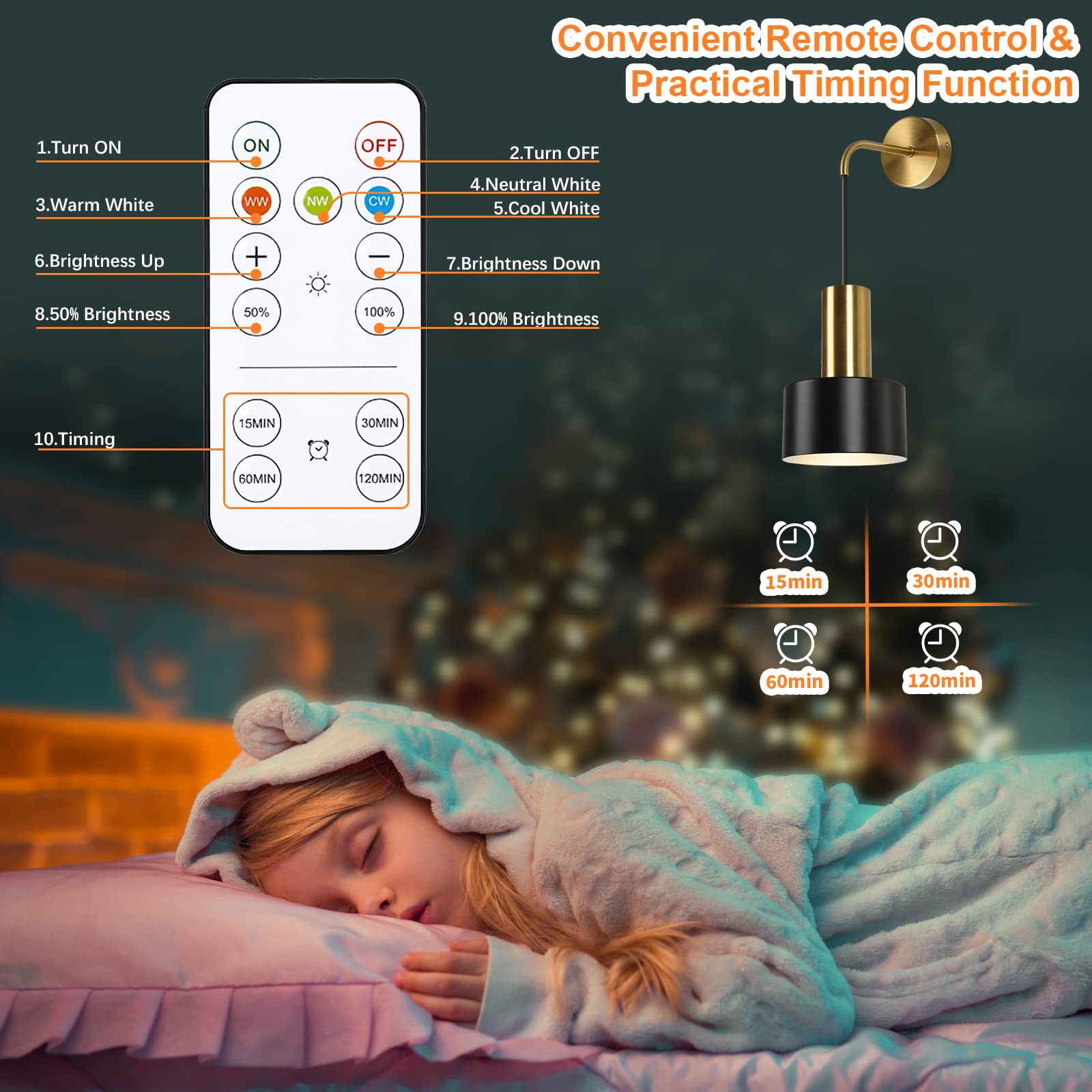 Set of 2 Battery Operated Wall Sconces, Wireless Wall Lights with Remote, Black & Gold Dimmable Wall Lamps with 3000K/4000K/6000K LED Bulbs, Modern Sconces Wall Decor for Bedroom Living Room Hallway