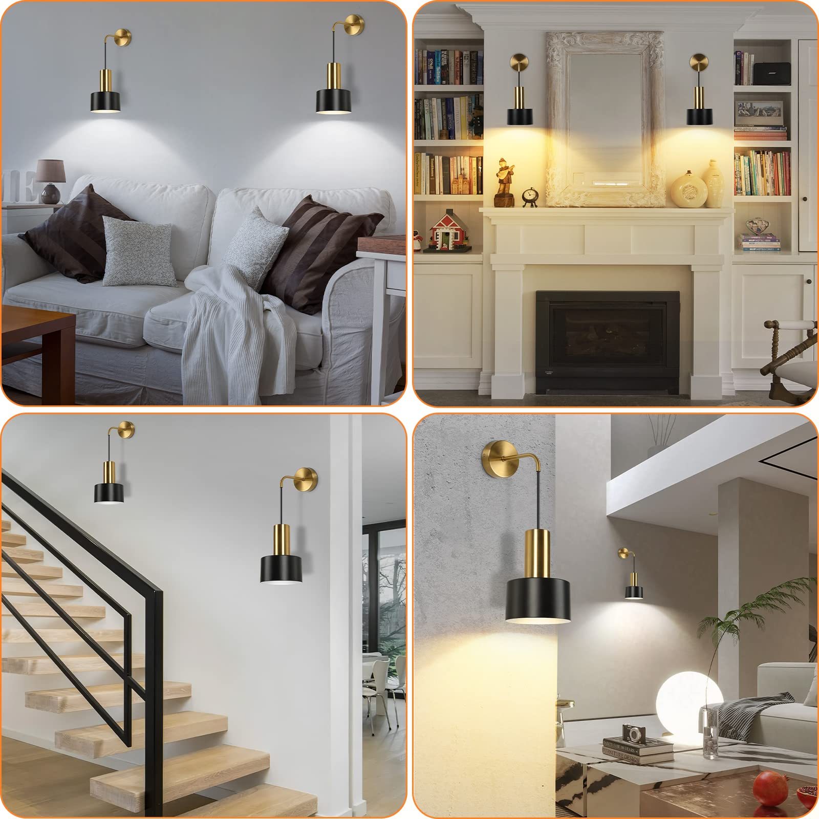 Set of 2 Battery Operated Wall Sconces, Wireless Wall Lights with Remote, Black & Gold Dimmable Wall Lamps with 3000K/4000K/6000K LED Bulbs, Modern Sconces Wall Decor for Bedroom Living Room Hallway