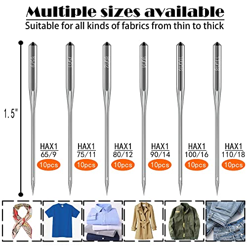 60Pcs Sewing Machine Needles Set Universal Standard Needle for Singer, Brother, Janome, Varmax, Home Sewing Machines Needles in Size HAX1 65/9, 75/11, 80/12, 90/14, 100/16, 110/18