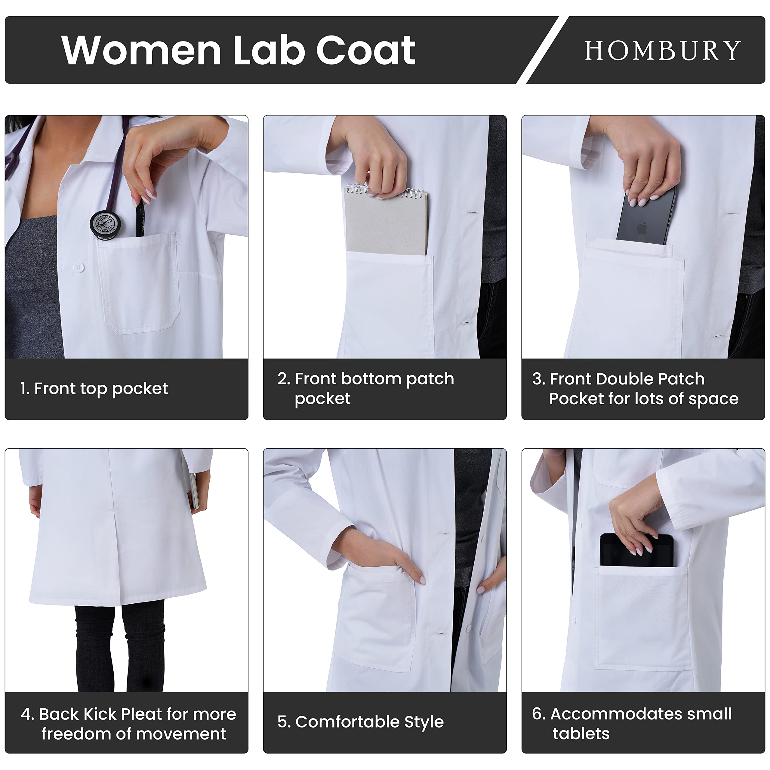 Hombury Professional White Lab Coats for Women, long sleeve, Polyester cotton fabric (White, X-Large)