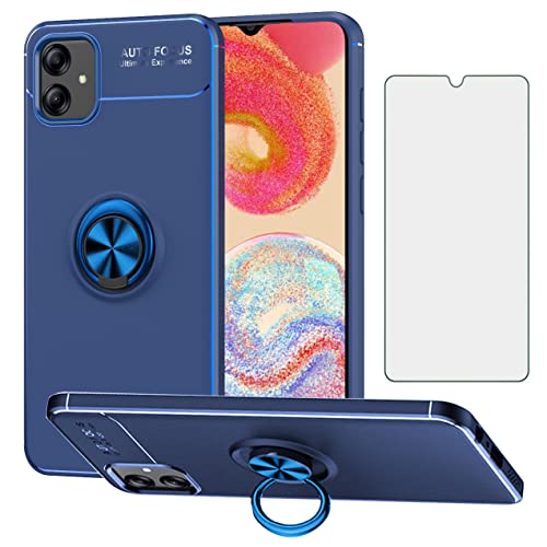 Asuwish Phone Case for Samsung Galaxy A04 with Tempered Glass Screen Protector Cover and Cell Accessories Kickstand Stand Magnetic Ring Holder Protective Soft TPU Silicone Ao4 A 04 4G Women Men Blue