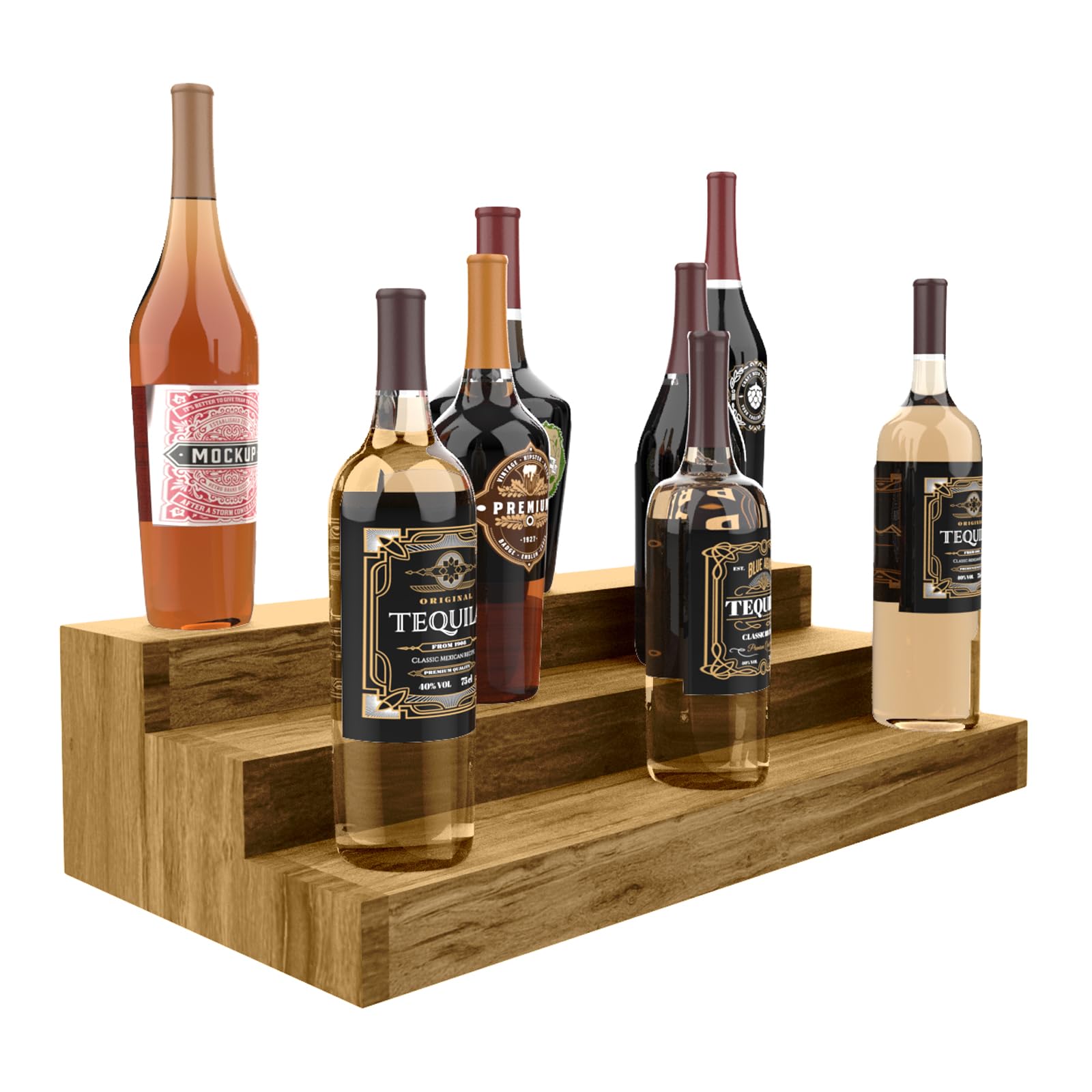 Liquor Bottle Stand - 3 Tier Liquor Bar Bottle Display Shelf, Holds 18 Bottles, Real Wood, Easy to Clean, No Installation Required - 24 Inch (Burnt Natural)