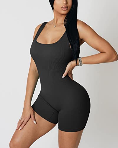 RoniKasha Rompers for Women Yoga Workout Ribbed Square Neck Sleeveless Sport Romper Jumpsuits,Black,Small