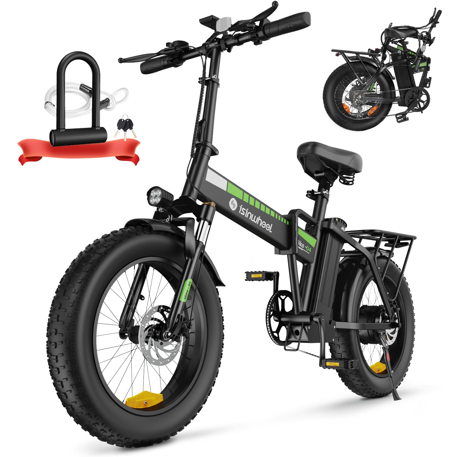 isinwheel D4 Electric Bike Adults with Peak 750W Motor, 20" x 4.0 Fat Tire Foldable Electric Bicycle, 48V 15AH Removable Battery and Dual Suspension System E-Bike for Beach Mountain, Shimano 7-Speed