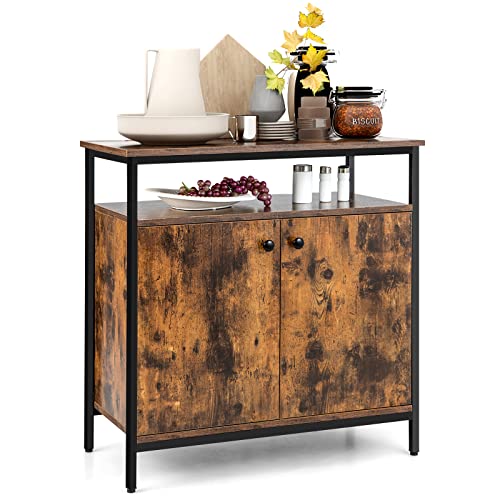 Giantex Buffet Cabinet with Storage, 2-Door Kitchen Sideboard with Shelves, Cable Holes, Industrial Coffee Bar Cabinet, Console Table for Entryway, Living Room, Rustic Brown