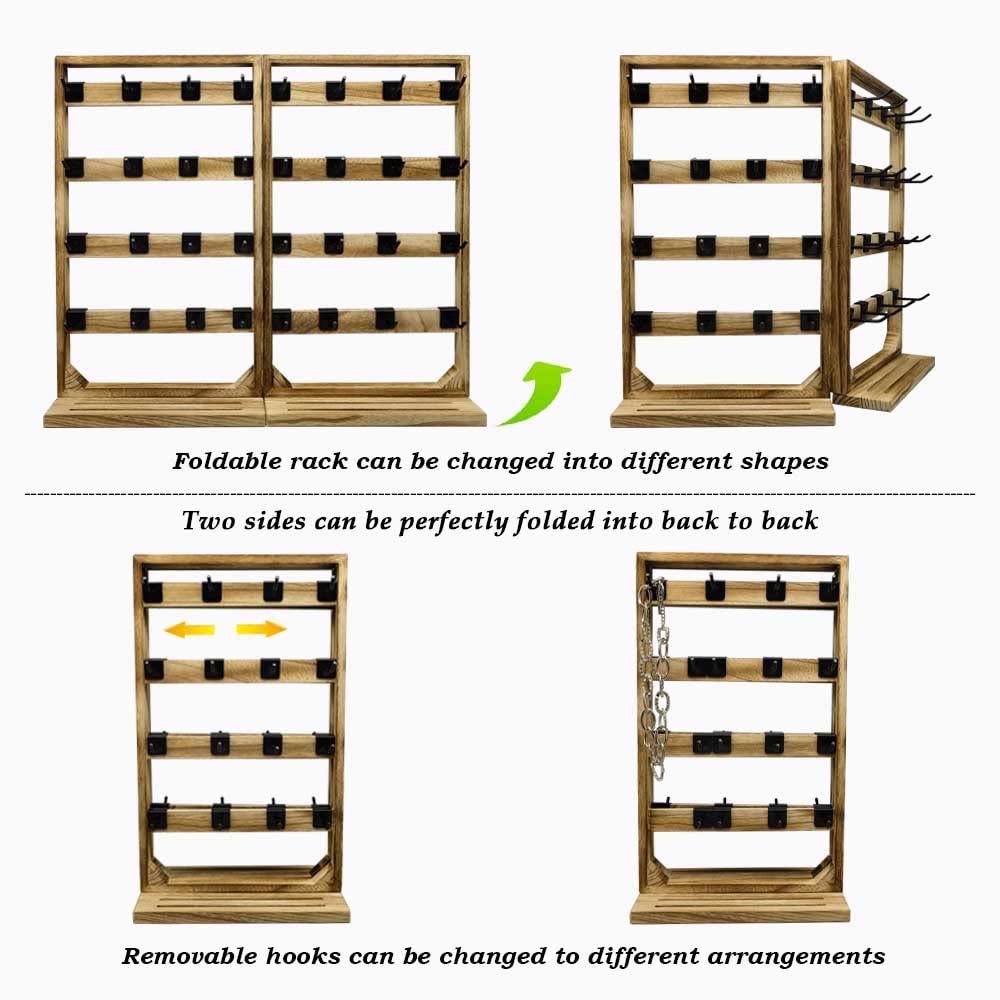 Jewack Wooden Foldable Jewelry Display Stand with Removable 32 Hooks, Earring Cards necklace bracelet Keychain Showcase Cascading Merchandise Organizer For Selling For vendor events