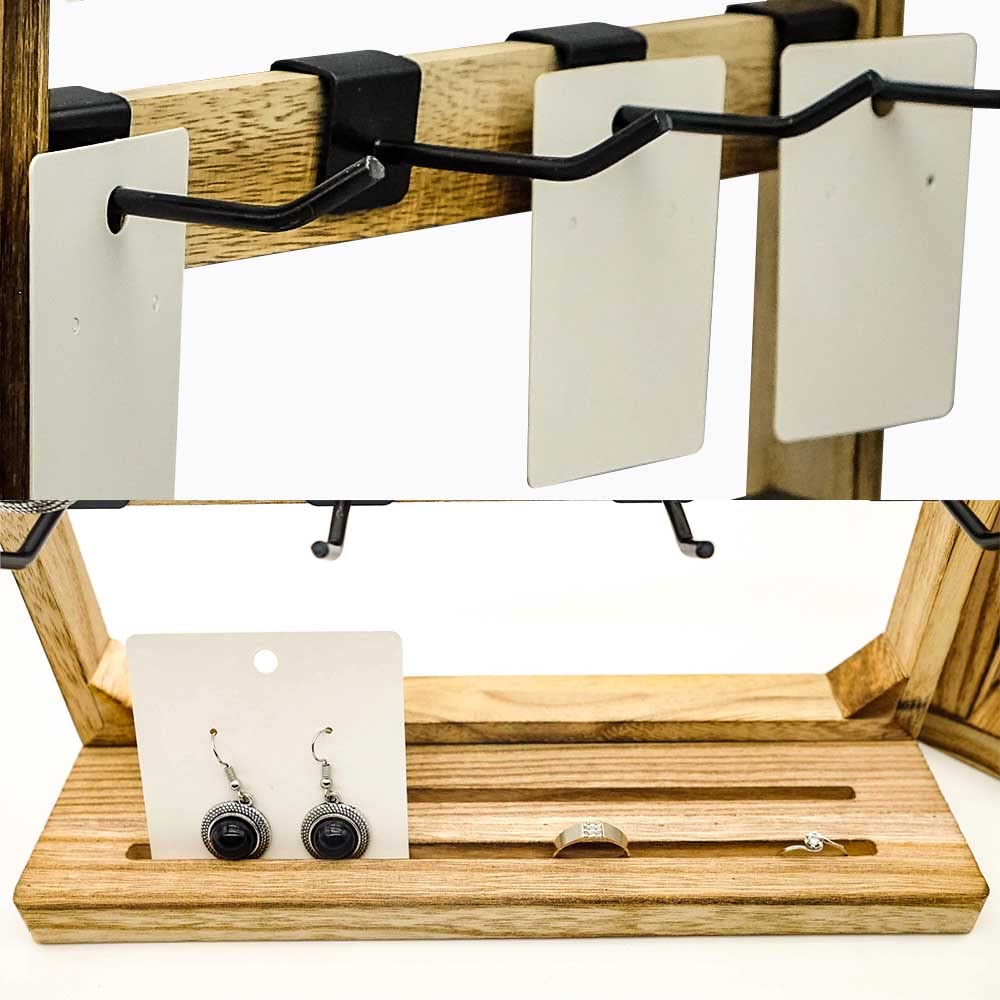 Jewack Wooden Foldable Jewelry Display Stand with Removable 32 Hooks, Earring Cards necklace bracelet Keychain Showcase Cascading Merchandise Organizer For Selling For vendor events