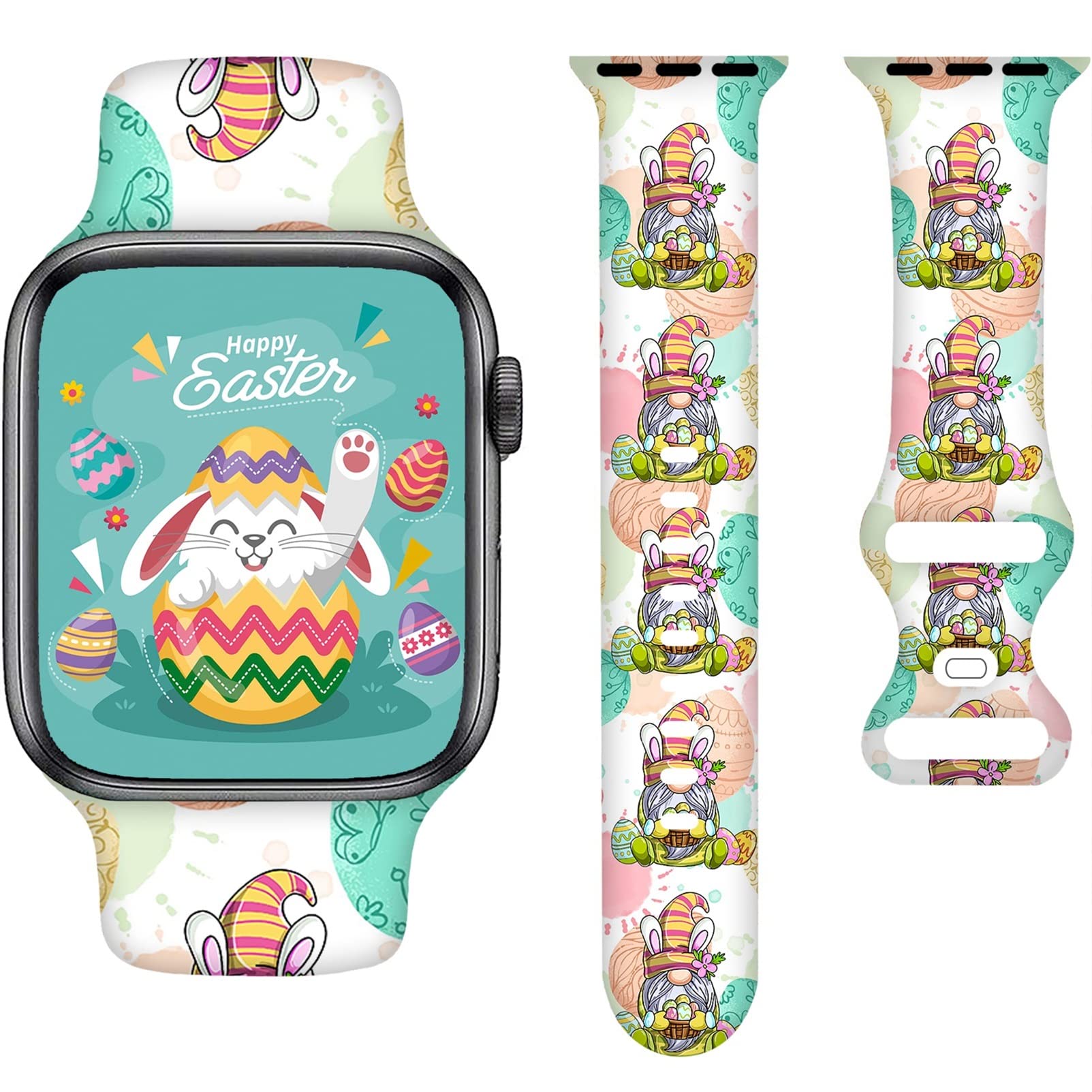 Easter Bands Compatible with Apple Watch Band 38mm 40mm 41mm,Cartoon Gnomes Rabbit Eggs Bunny Silicone Strap Wristbands Compatible with iWatch Bands Series SE 7 6 5 4 3 2 1 for Girls Women Boys Men