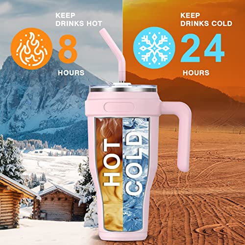 Zukro 40 oz Tumbler With Handle, Sip and Straw Lid, Leakproof No Sweat Insulated Stainless Steel Cup Keeps Drinks Cold 24 Hours, Travel Mug Fit in Cup Holder, Dishwasher Safe, BPA Free - Pink