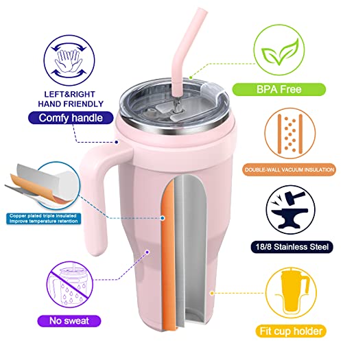 Zukro 40 oz Tumbler With Handle, Sip and Straw Lid, Leakproof No Sweat Insulated Stainless Steel Cup Keeps Drinks Cold 24 Hours, Travel Mug Fit in Cup Holder, Dishwasher Safe, BPA Free - Pink