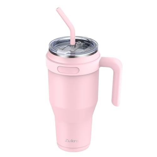 Zukro 40 oz Tumbler With Handle, Sip and Straw Lid, Leakproof No Sweat Insulated Stainless Steel Cup Keeps Drinks Cold 24 Hours, Travel Mug Fit in Cup Holder, Dishwasher Safe, BPA Free - Pink