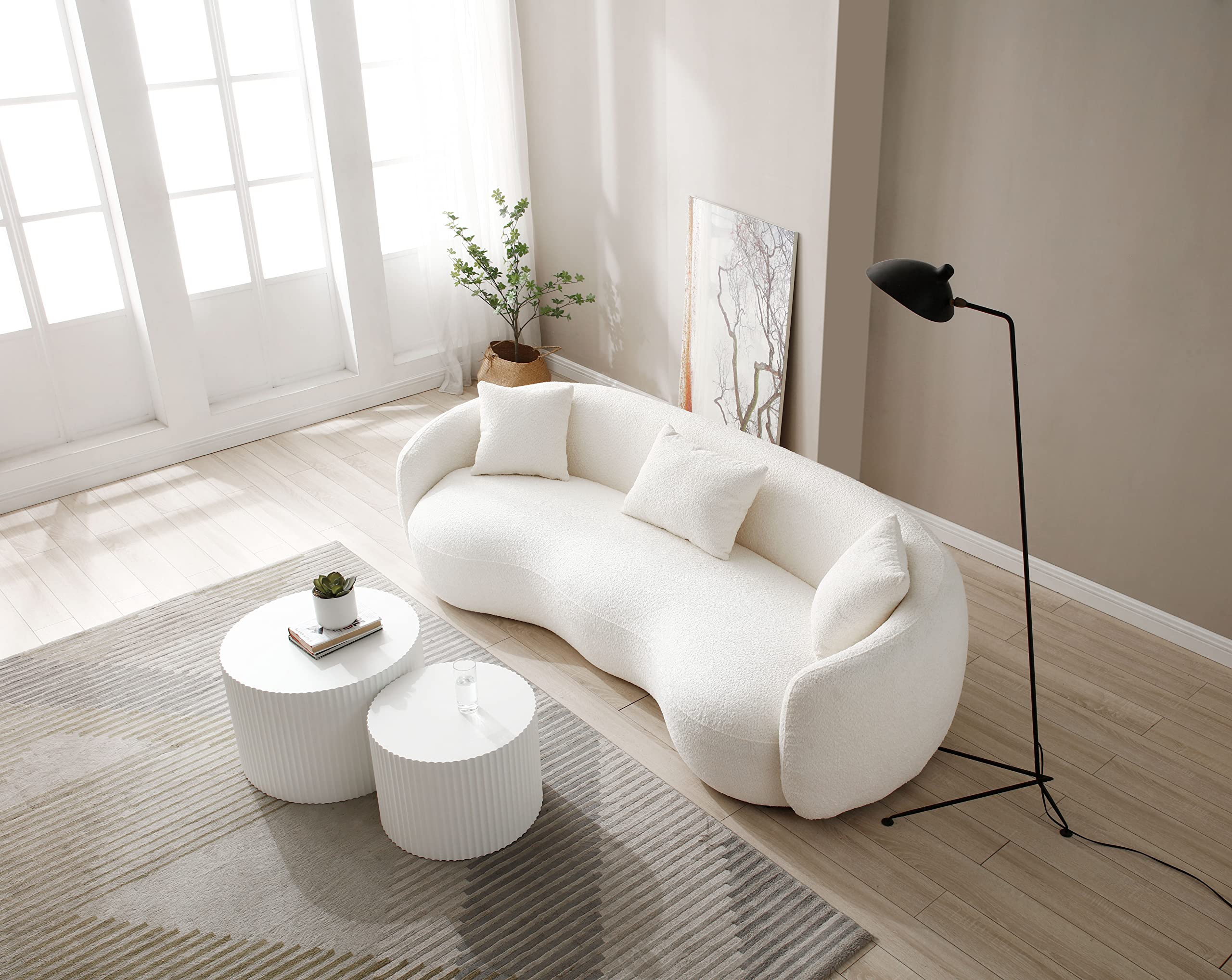 JUSTONE 94" Mid Century Modern Curved Living Room Sofa, 3-Seat Boucle Fabric Couch for Bedroom, Office, Apartment, Beige
