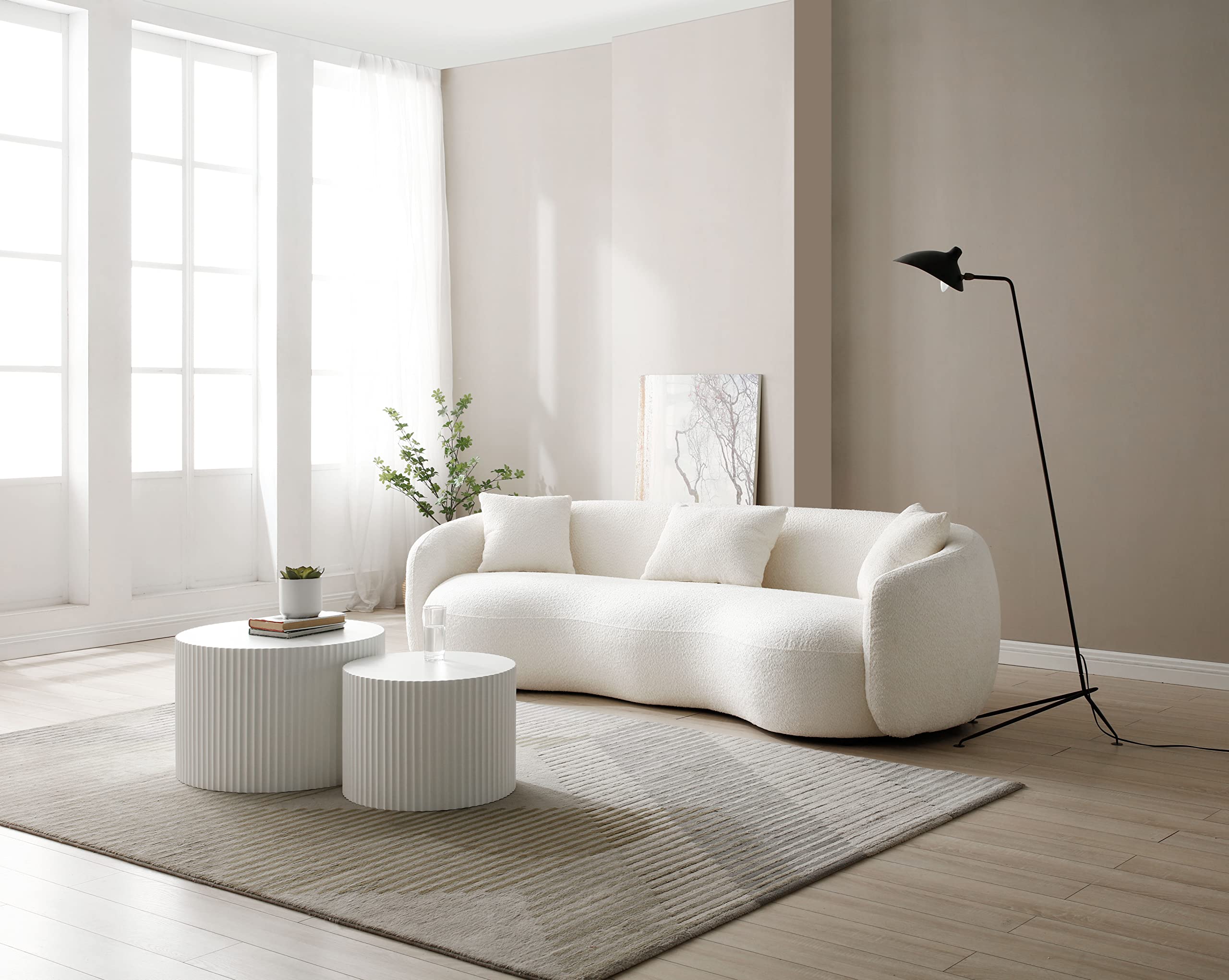 JUSTONE 94" Mid Century Modern Curved Living Room Sofa, 3-Seat Boucle Fabric Couch for Bedroom, Office, Apartment, Beige