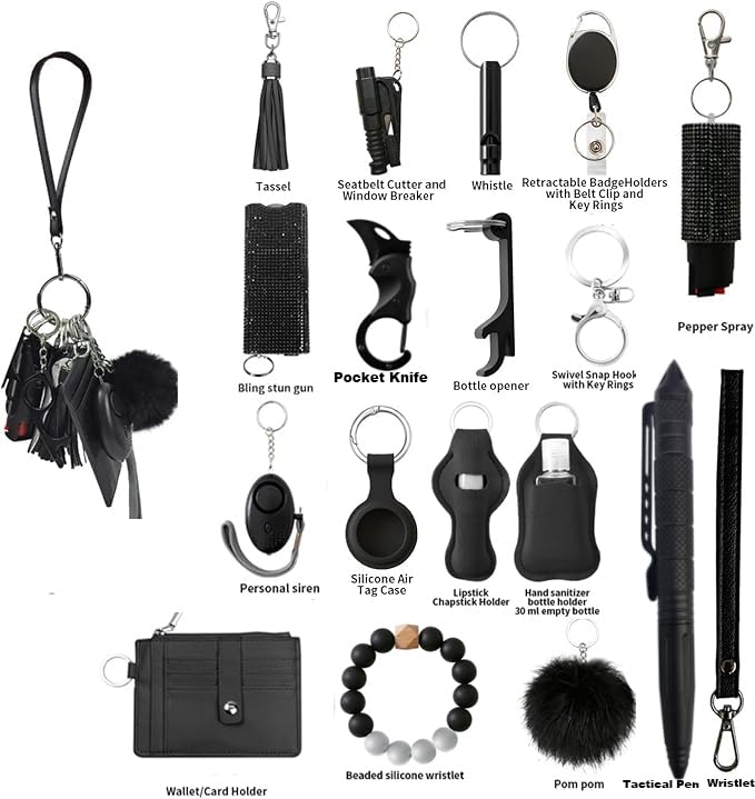 Araafur Wristlet Keychain Set with RFID Wallet Card Holder and Bottle Opener, Car Keychain Accessories for Women (Black keychain set)