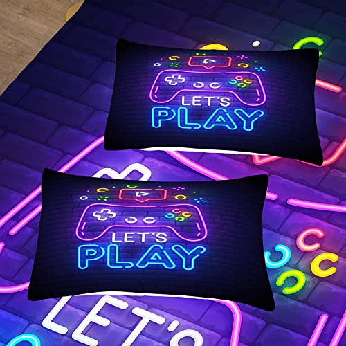 NINENINE Gaming Fitted Sheet Twin Size,Gaming Bedsheets for Boys Teens Kids,Gamepad Video Games Bedding Set with 1 Fitted Sheet and 1 Pillow Case