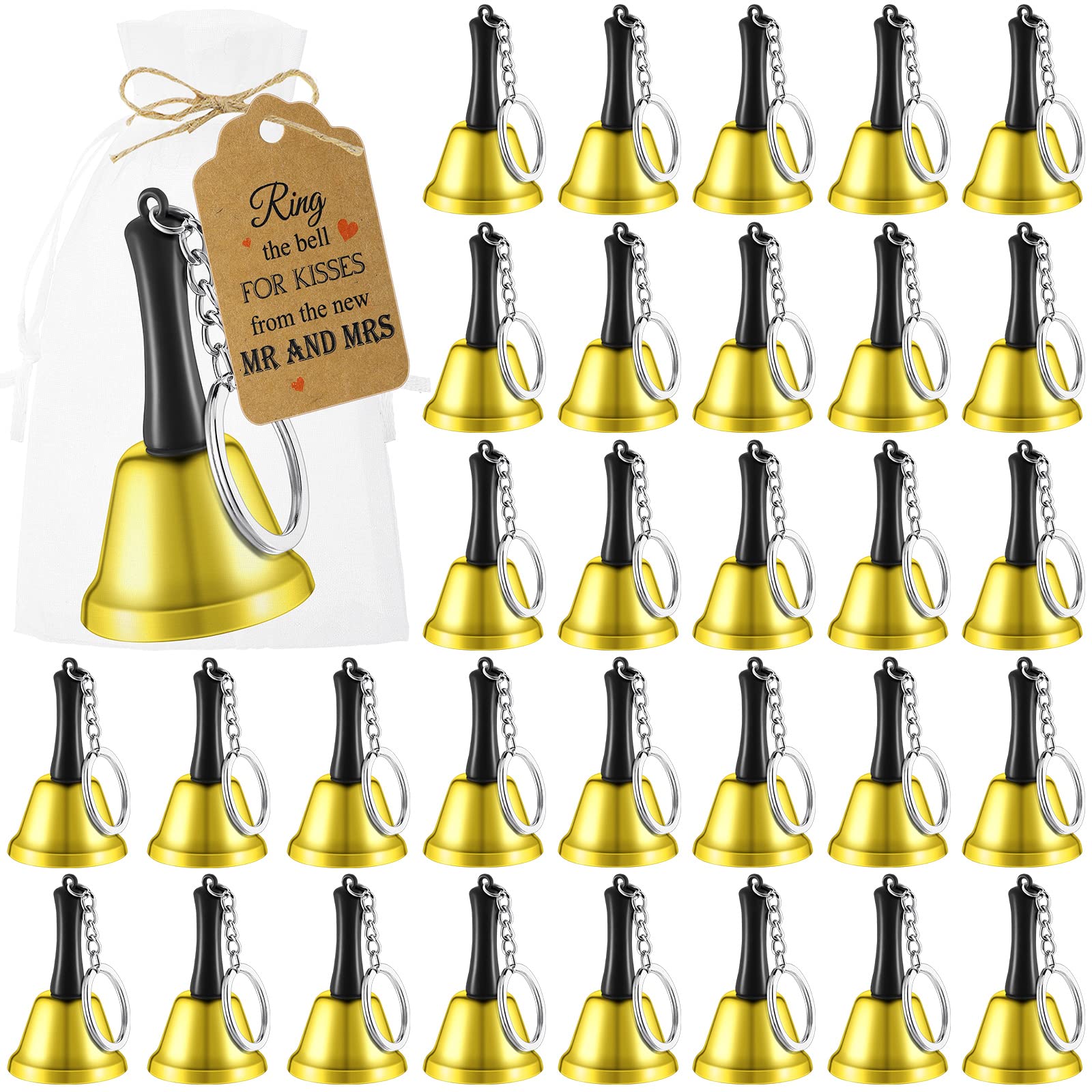 Lounsweer 144 Pcs 48 Set Wedding Party Favors Bulk for Guests Wedding Kissing Bells Ring for a Kiss Bells with Tags Jute Ropes Organza Bags for Reception Goody Bags Supplies(Gold)