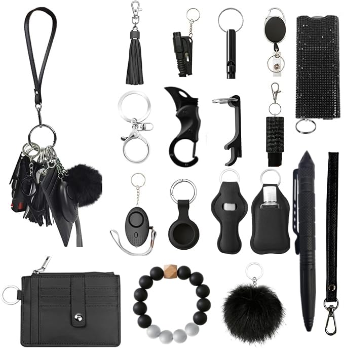 Araafur Wristlet Keychain Set with RFID Wallet Card Holder and Bottle Opener, Car Keychain Accessories for Women (Black keychain set)