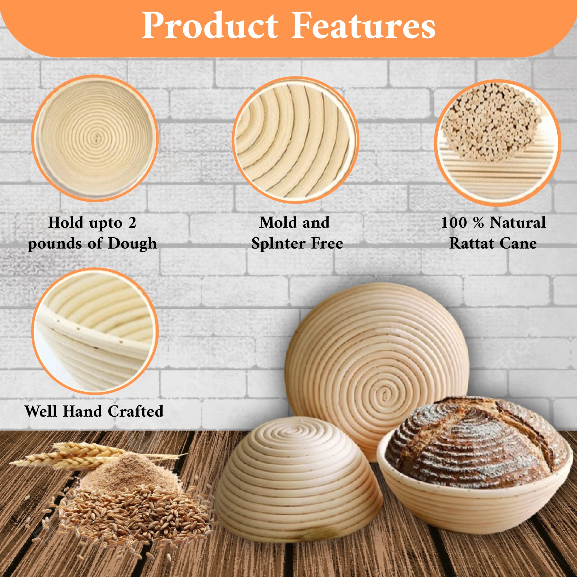 T & T HOME Handmade Banneton Bread Proofing Basket Set, 2 Round 10 Inch Baskets with Linen Liner, Dough Scraper, Bread Lame, Measuring Cup and Spoon, Sourdough Baking Starter Kit
