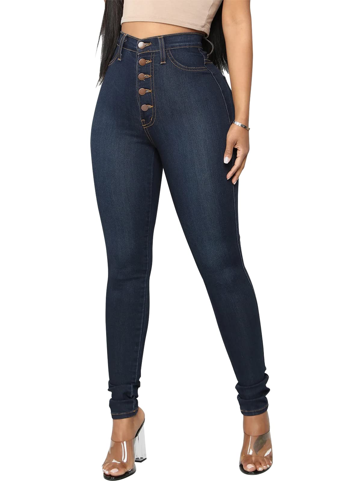 KUNMI Womens Curvy High Waist Stretch Butt Lifting Skinny Colombian Jeans Dark Wash