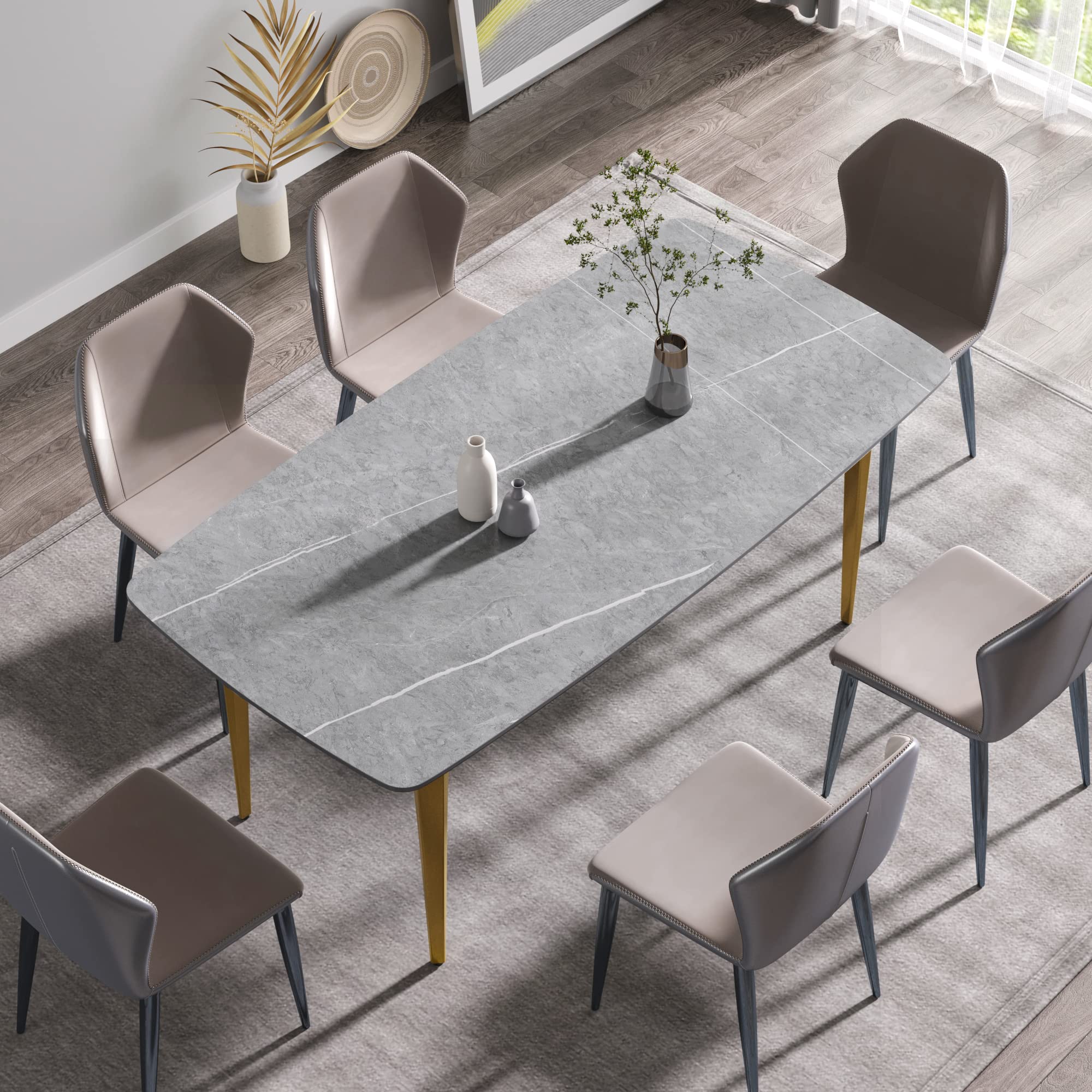 Voohek, 6-12 Kitchen Dining Table, with Artificial Marble Stone Top, Metal Leg, for Living Room, 6-8 People (No Chairs), Gray