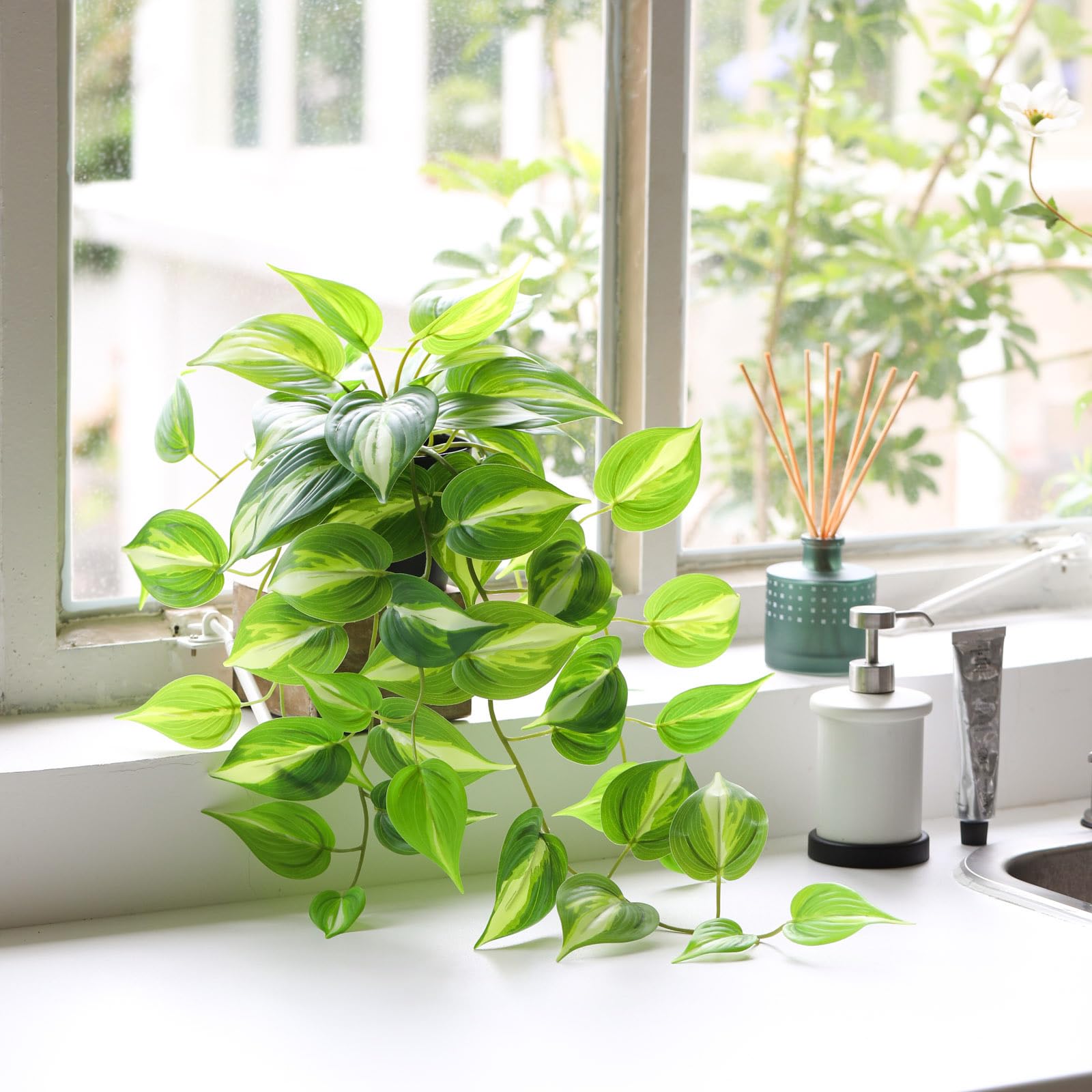 LuckyGreenery Artificial Devil's Ivy Golden Pothos Fake Plant,Hanging Potted Plants for Wall Home Patio Indoor Outdoor Decor(H 26in)