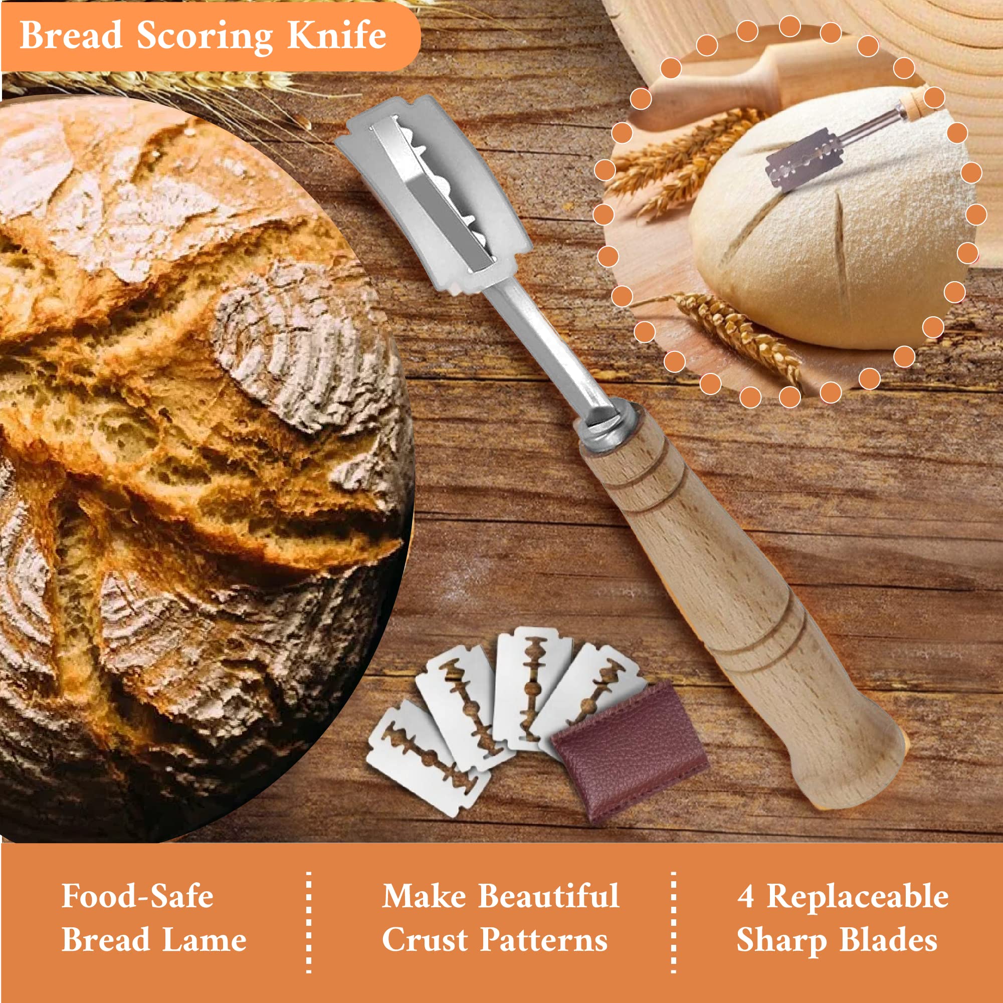 T & T HOME Handmade Banneton Bread Proofing Basket Set, 2 Round 10 Inch Baskets with Linen Liner, Dough Scraper, Bread Lame, Measuring Cup and Spoon, Sourdough Baking Starter Kit