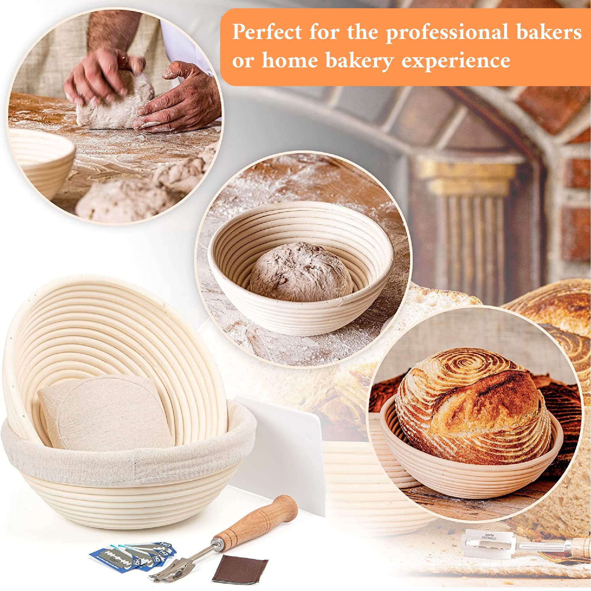 T & T HOME Handmade Banneton Bread Proofing Basket Set, 2 Round 10 Inch Baskets with Linen Liner, Dough Scraper, Bread Lame, Measuring Cup and Spoon, Sourdough Baking Starter Kit