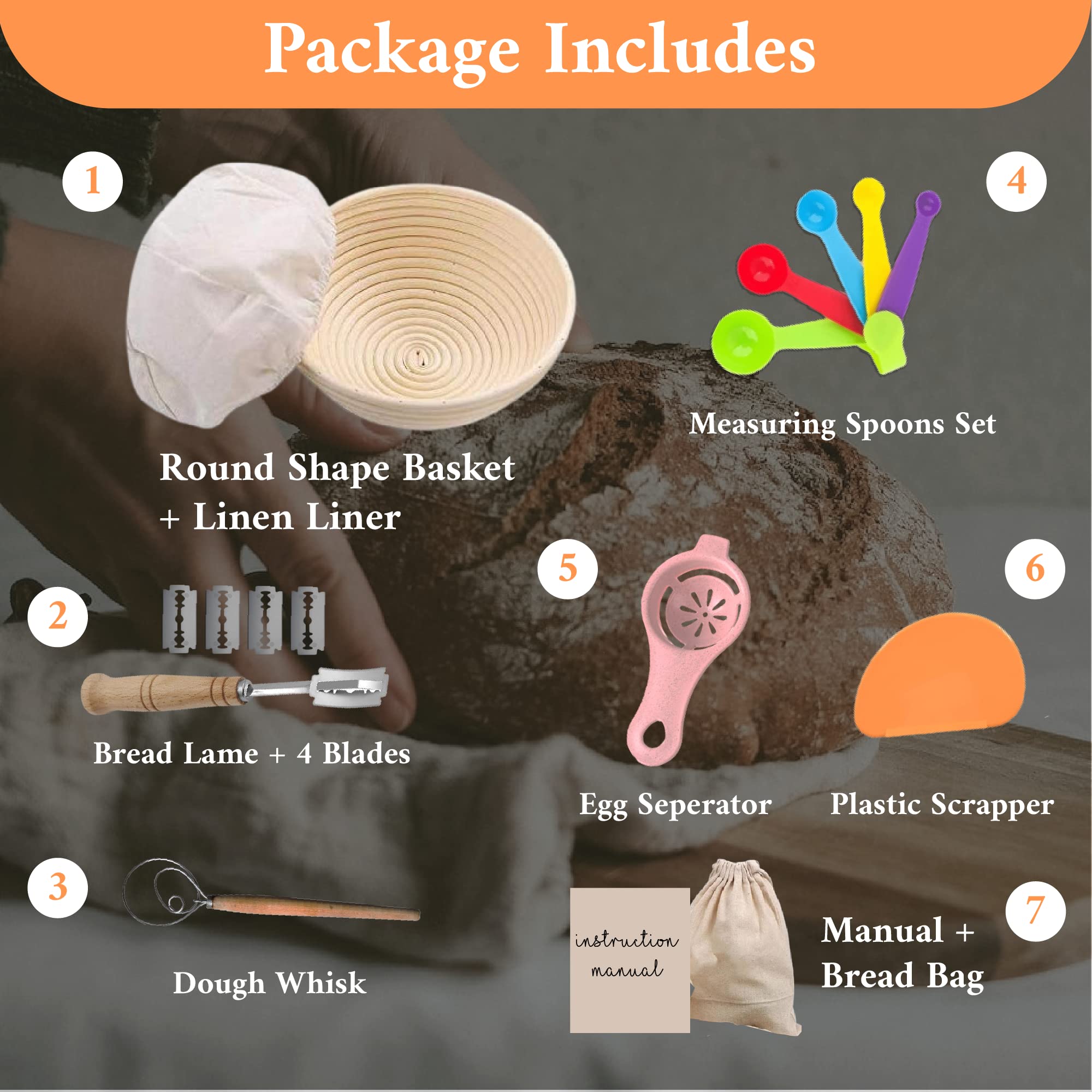 T & T HOME Handmade Banneton Bread Proofing Basket Set, 2 Round 10 Inch Baskets with Linen Liner, Dough Scraper, Bread Lame, Measuring Cup and Spoon, Sourdough Baking Starter Kit