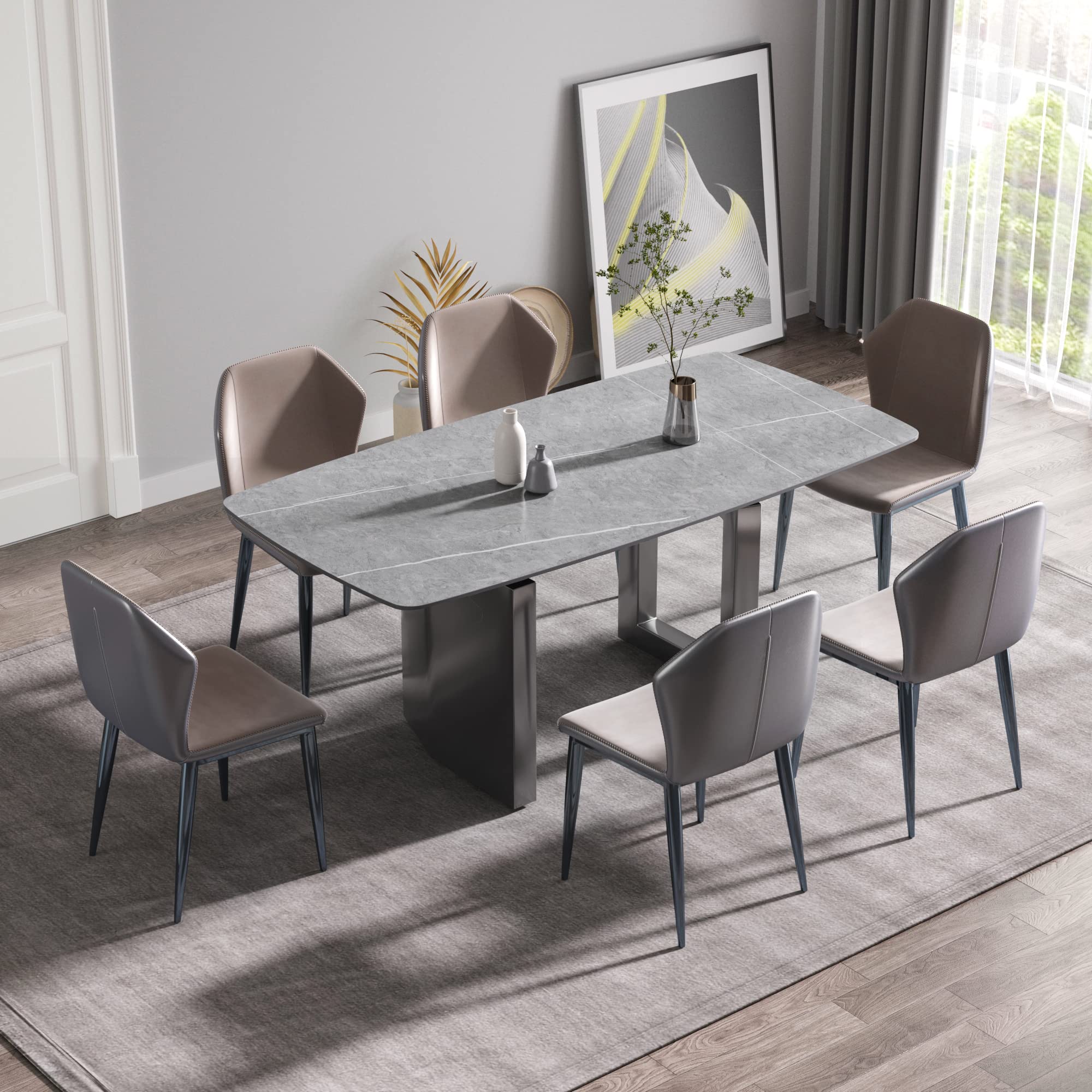 Voohek, 6-10 Kitchen Dining Table, with Artificial Marble Stone Top, Metal Leg, for Living Room, 6-8 People (No Chairs), Gray