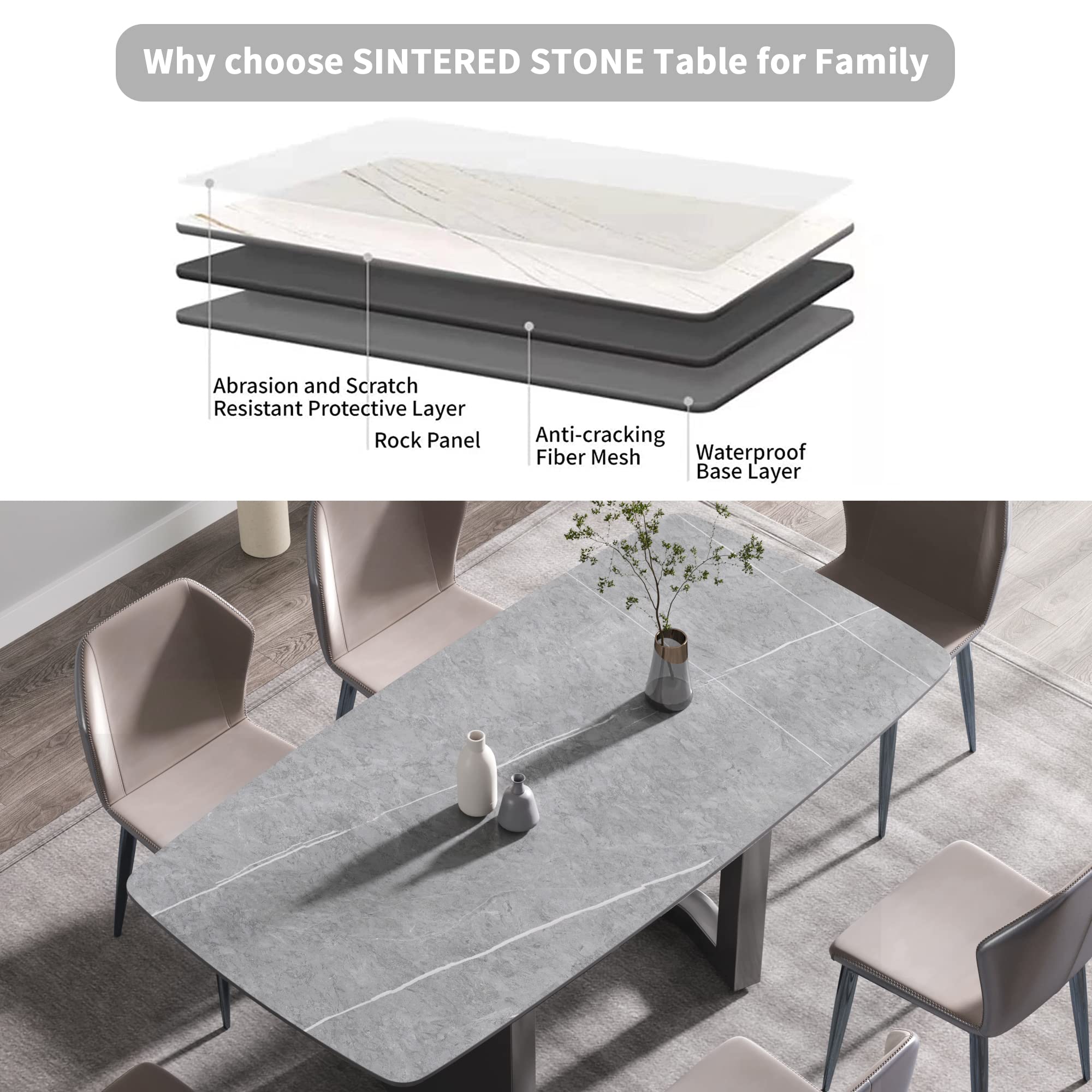 Voohek, 6-10 Kitchen Dining Table, with Artificial Marble Stone Top, Metal Leg, for Living Room, 6-8 People (No Chairs), Gray