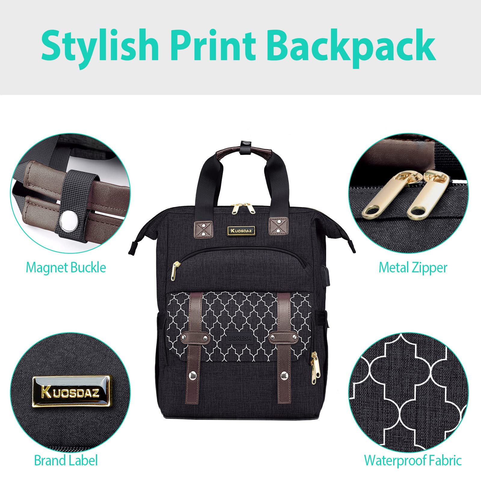 Kuosdaz Laptop Backpack for Women Men, 17.3 Inch School Backpacks with USB Charging Port, Wide Open Large Backpack, Casual Daypacks for Travel College, Black