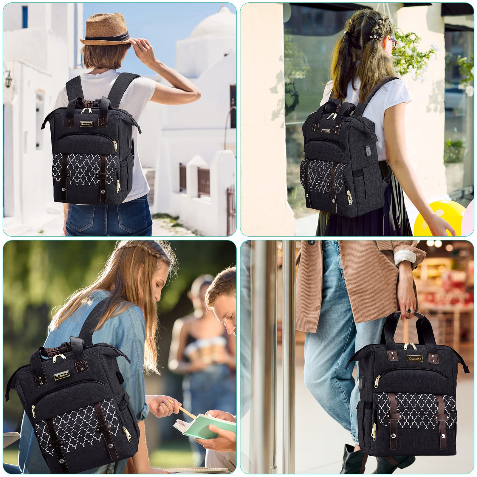 Kuosdaz Laptop Backpack for Women Men, 17.3 Inch School Backpacks with USB Charging Port, Wide Open Large Backpack, Casual Daypacks for Travel College, Black