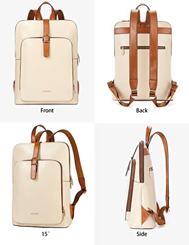 BOSTANTEN Leather Laptop Backpack for Women, 15.6 inch Computer Backpack College Business Large Daypack Work Travel Bag Beige with Brown