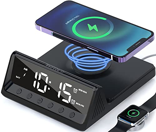 Alarm Clocks for Bedrooms with Charger, Bedside Alarm Clock with Wireless Charging Station, USB Port, Dimmer, Adjustable Volume, Electric Alarm Clock with Battery Backup for Heavy Sleepers Adult Teens