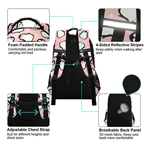 JIPONI Pink Penguin and Polka Dot Backpack For Girls Boys School Kids Bookbag Travel Laptop Backpack Purse Daypack With Chest Strap
